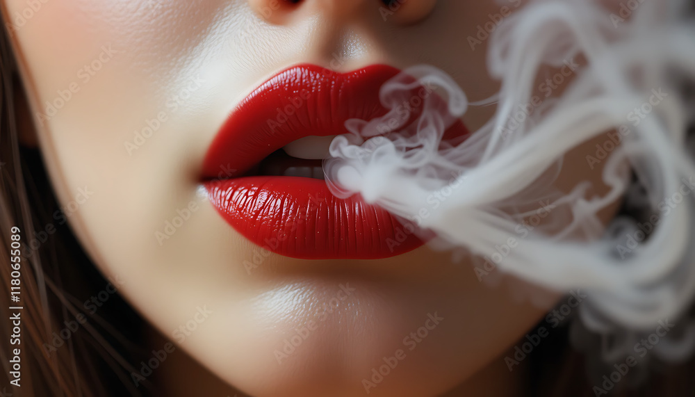 Woman's lips blowing smoke clouds - Generative AI image made to look like photorealistic macro ...