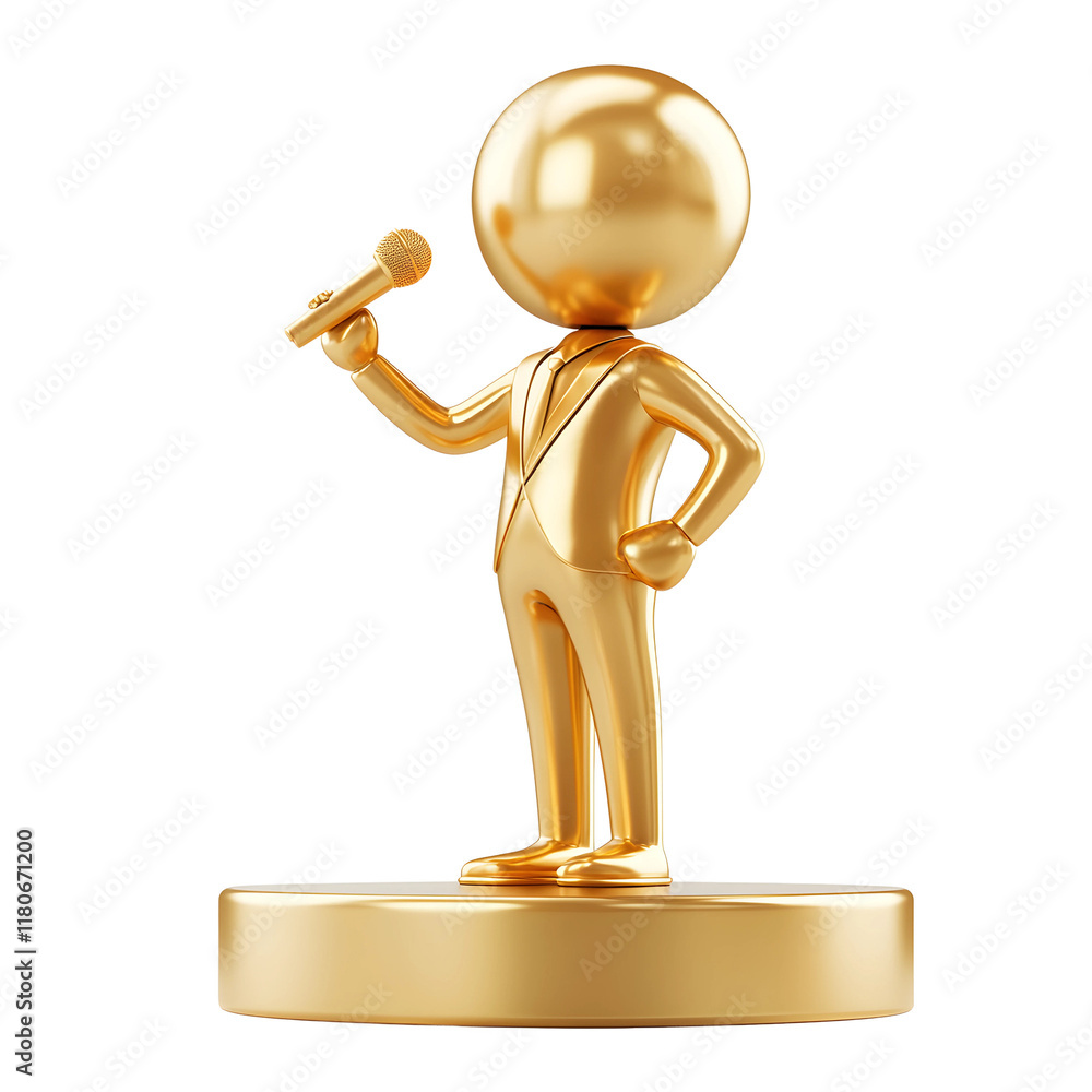 3D golden cartoon stickman standing at a podium trophy isolated on ...