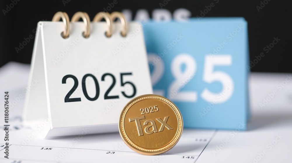Image depicting a metallic coin saying 'Tax 2025' placed before a 2025 ...