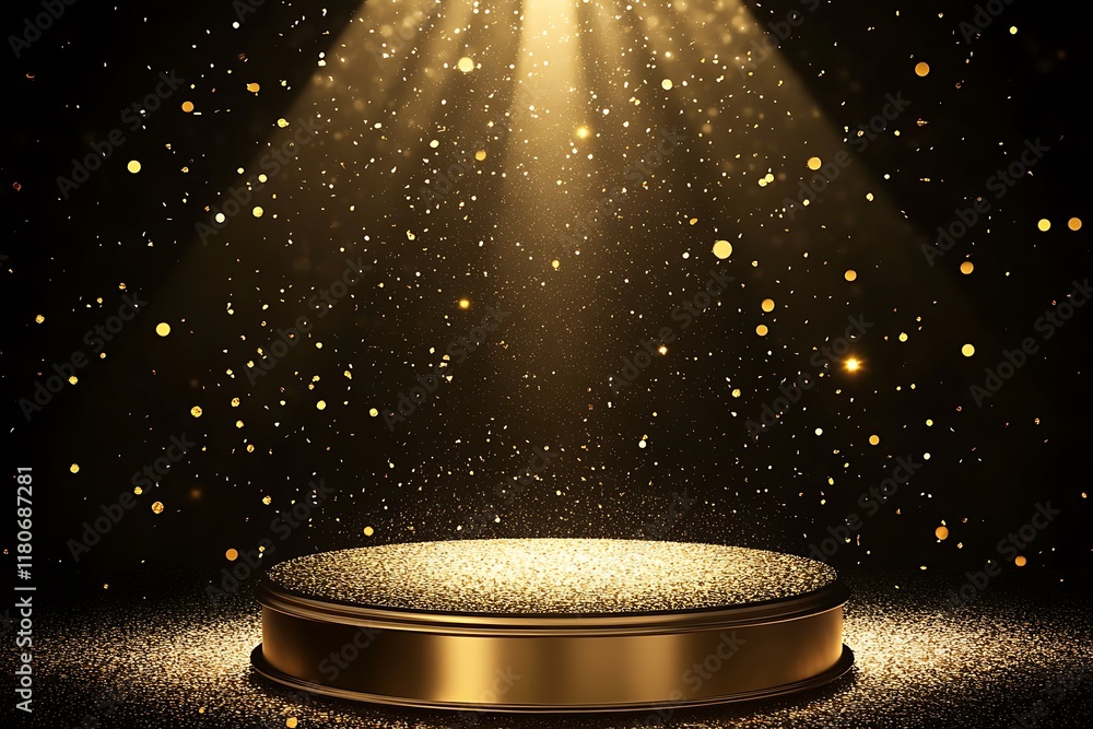 Gold podium with circular frame on a black background for an award ...
