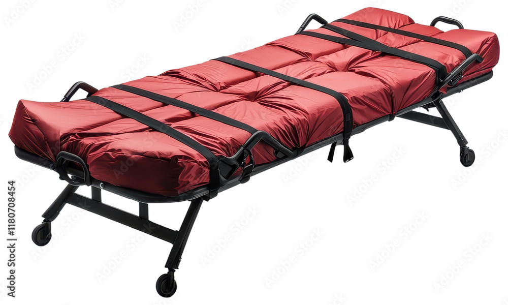 Red folding emergency stretcher for rescue and transport on a ...