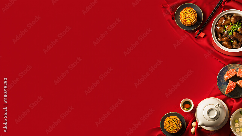 grand feast featuring traditional dishes, tea, and desserts on vibrant ...