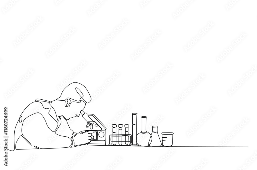 Female scientist working using microscope in continuous one line ...