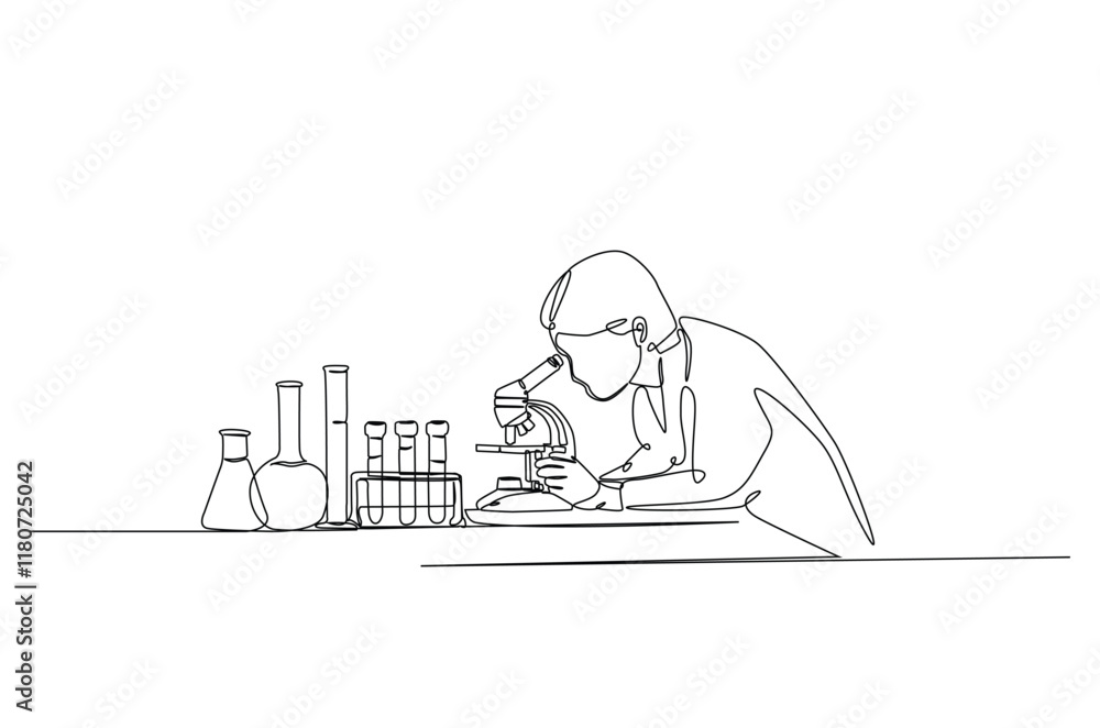 Female scientist working using microscope in continuous one line ...
