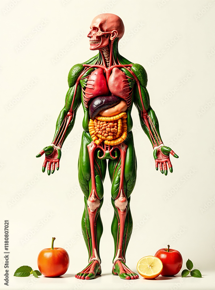 Vibrant anatomical illustration with fruits and vegetables as human ...