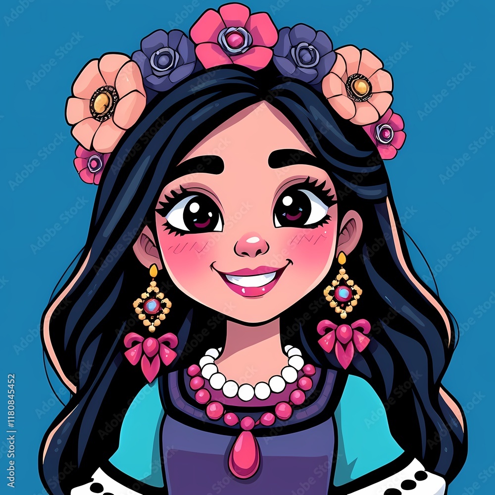 Cute Latina cartoon girl with flower crown smiling / Niña caricaturesca ...