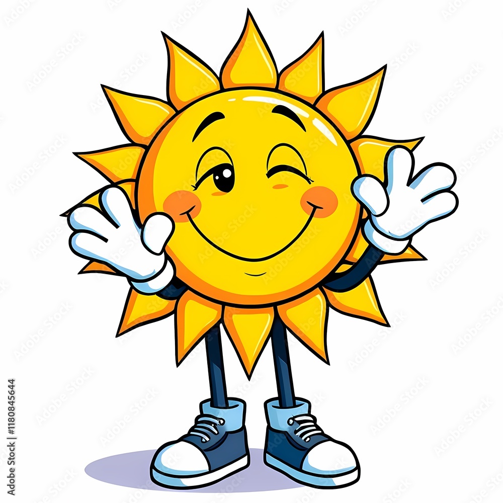 Happy sun cartoon with sneakers waving / Sol caricaturesco feliz con ...