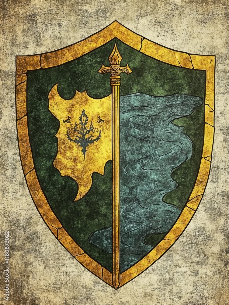 Golden Shield With Sword Dividing Land And River Heraldic Emblem Symbol ...