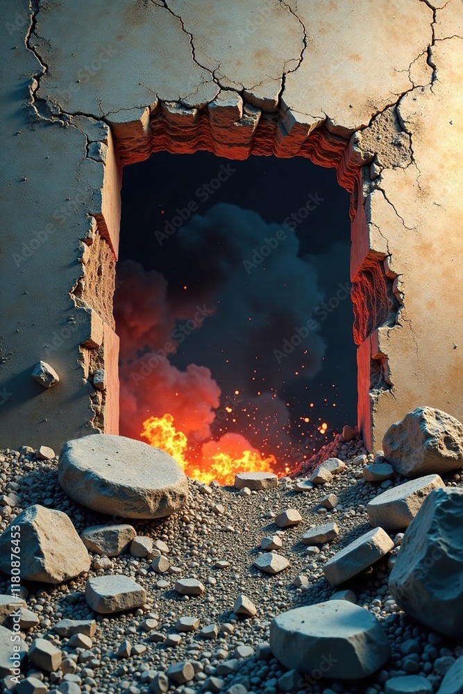 Explosion effects behind broken concrete walls, broken concrete ...