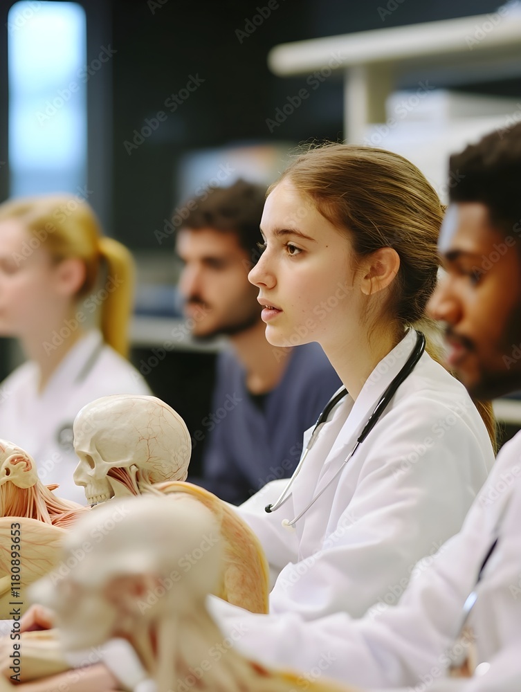 A photo of a group of medical students studying anatomy models in a ...