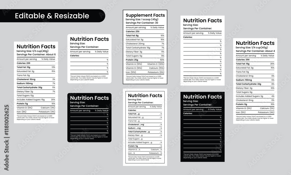 Set of Editable and Resizable Nutrition Facts, Supplement Facts Label ...