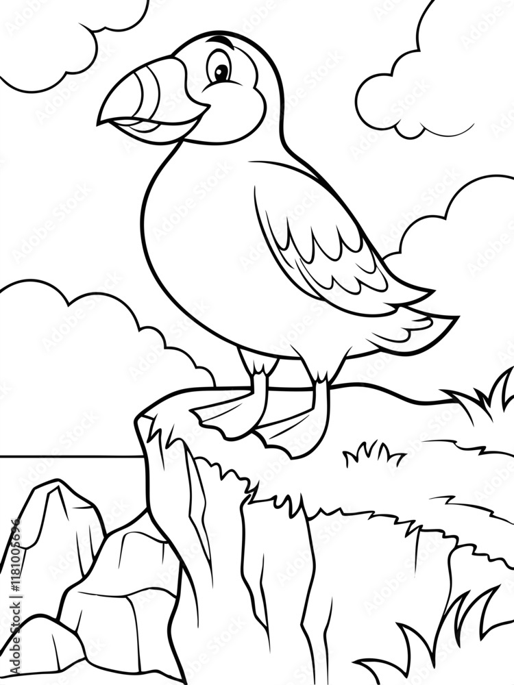 Adorable Puffin Coloring Page Coastal Bird Cliffside Habitat Ready-to ...