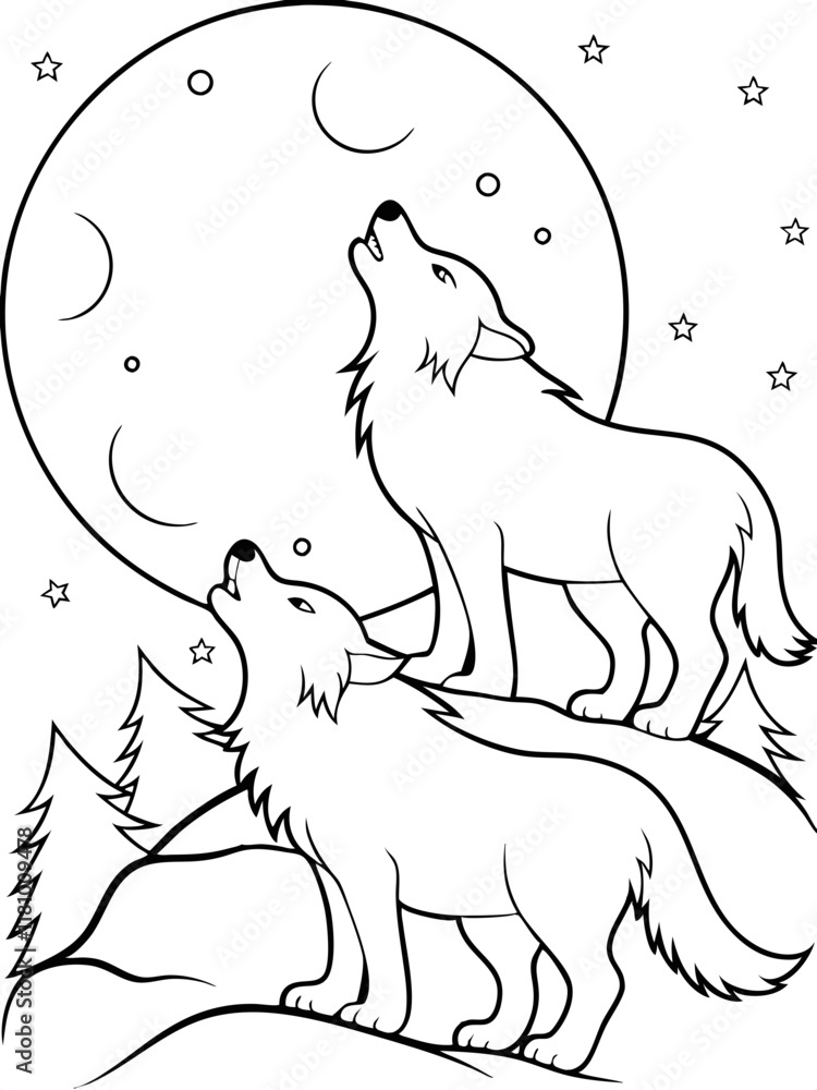 Two Wolves Howling at Night Ready-to-print coloring page for standard ...