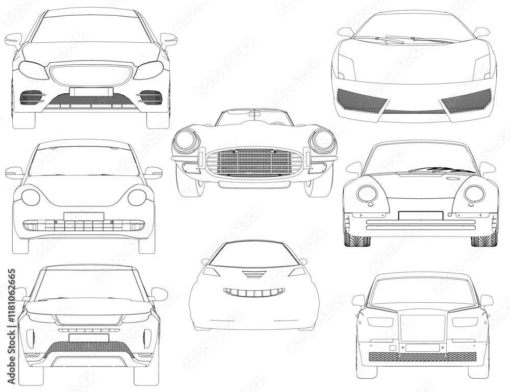 Set of outline car. The car is designed for speed and performance, with ...