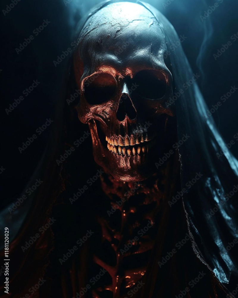 Portrait of an angry ghost girl with colorless eyes and black hair ...