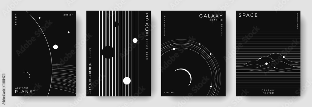 Set of abstract space astronomy backgrounds. Line art planet, galaxy ...