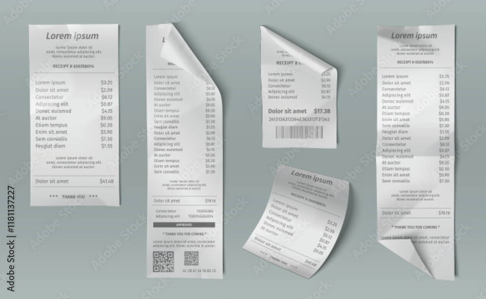 Payment receipts set isolated on background. Vector realistic illustration of rolled and folded ...