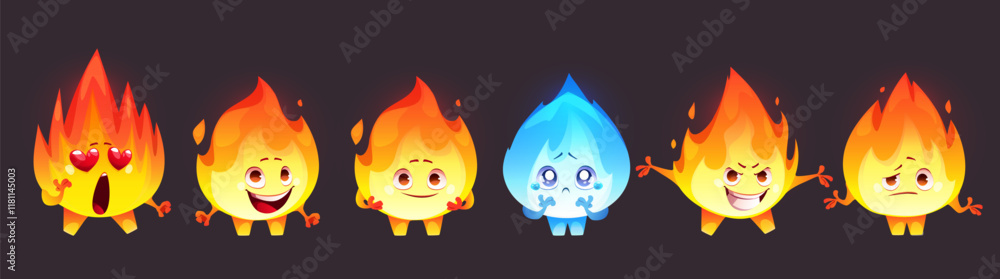 Fire characters set isolated on black background. Vector cartoon ...