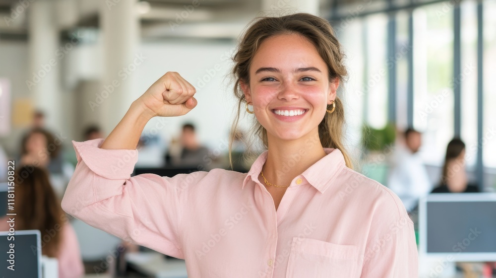 Smiling female entrepreneur raises her arm in a strongman gesture ...