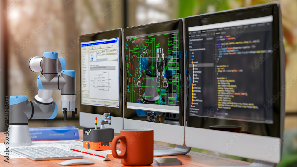 3D render: View of robot engineer's desktop , Model of AGV (automated guided vehicle) with Cobot ...