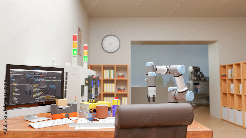 3D render: View of robot engineer's desktop , Model of AGV (automated ...