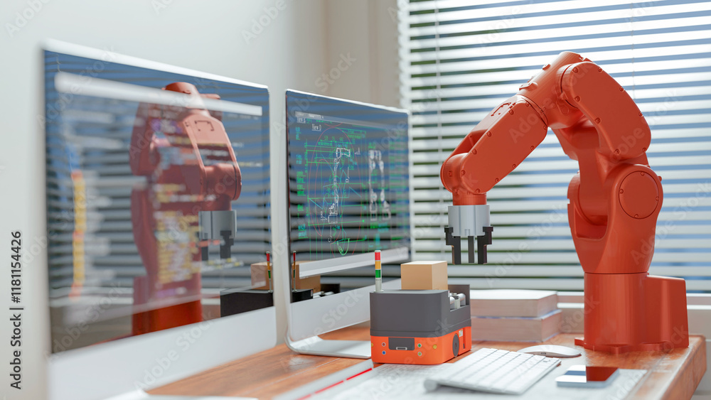 3D render: View of robot engineer's desktop , Model of AGV (automated guided vehicle) with Cobot ...