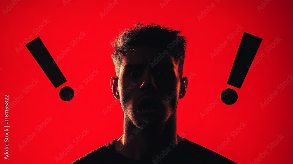 A faceless figure surrounded by oversized floating exclamation marks ...