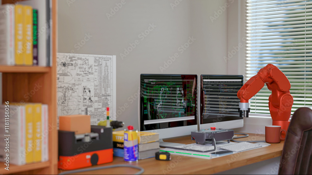 3D render: View of robot engineer's desktop , Model of AGV (automated guided vehicle) with Cobot ...