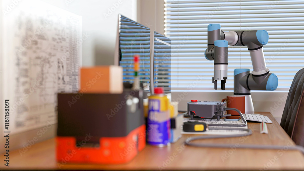 Zdjęcie bez tantiem: 3D render: View of robot engineer's desktop with Cobot (collaborative robot ...