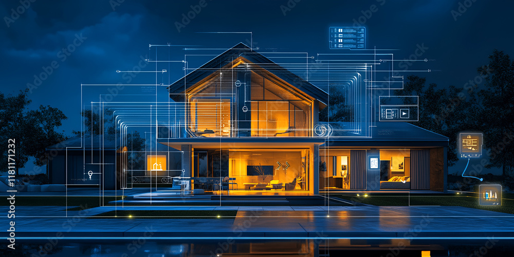 Smart Home Automation: A sleek, modern house illuminated from within at ...