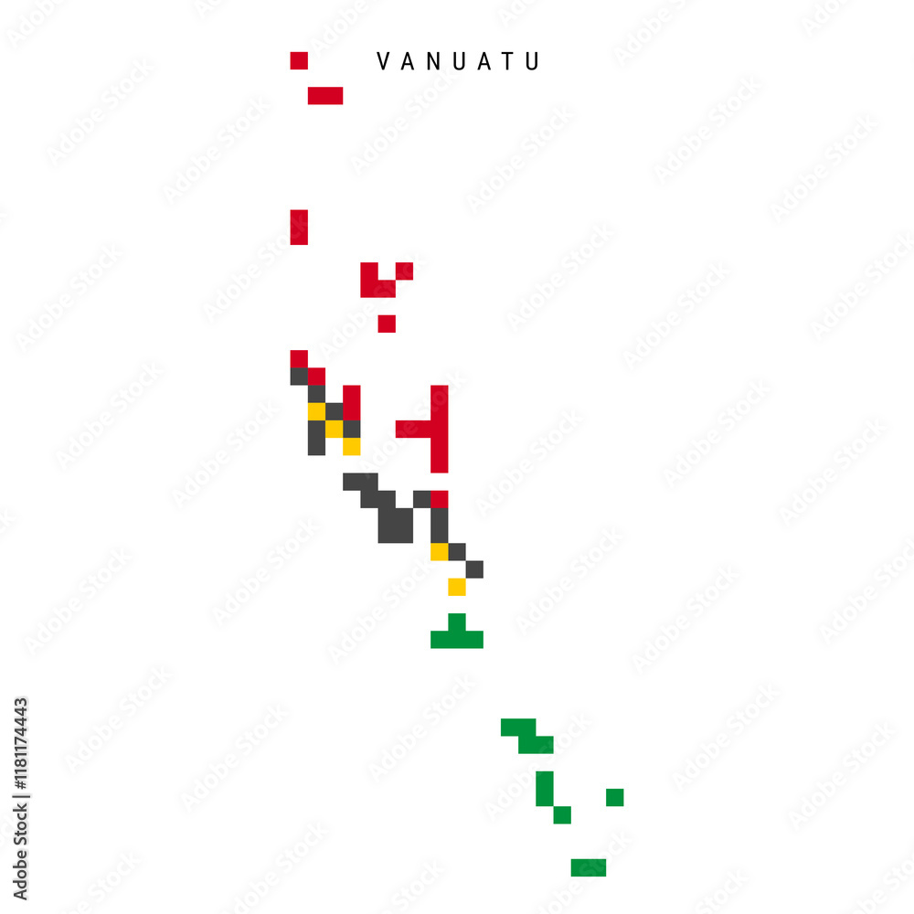 Vanuatu pixel flag map icon. 8 bit pixel art Vanuatuan map covered with ...