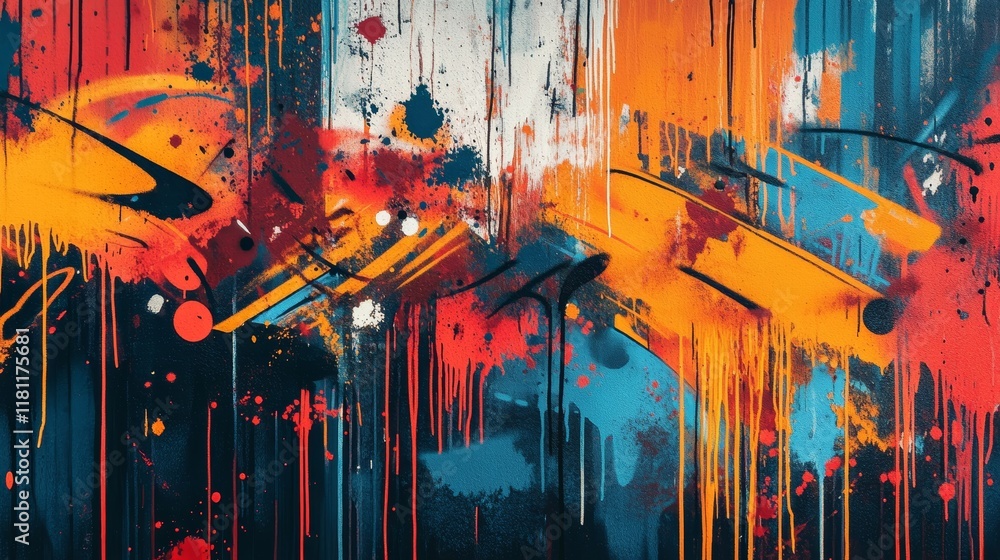 Dynamic layers of graffiti spray strokes and dripping paint, with bold ...