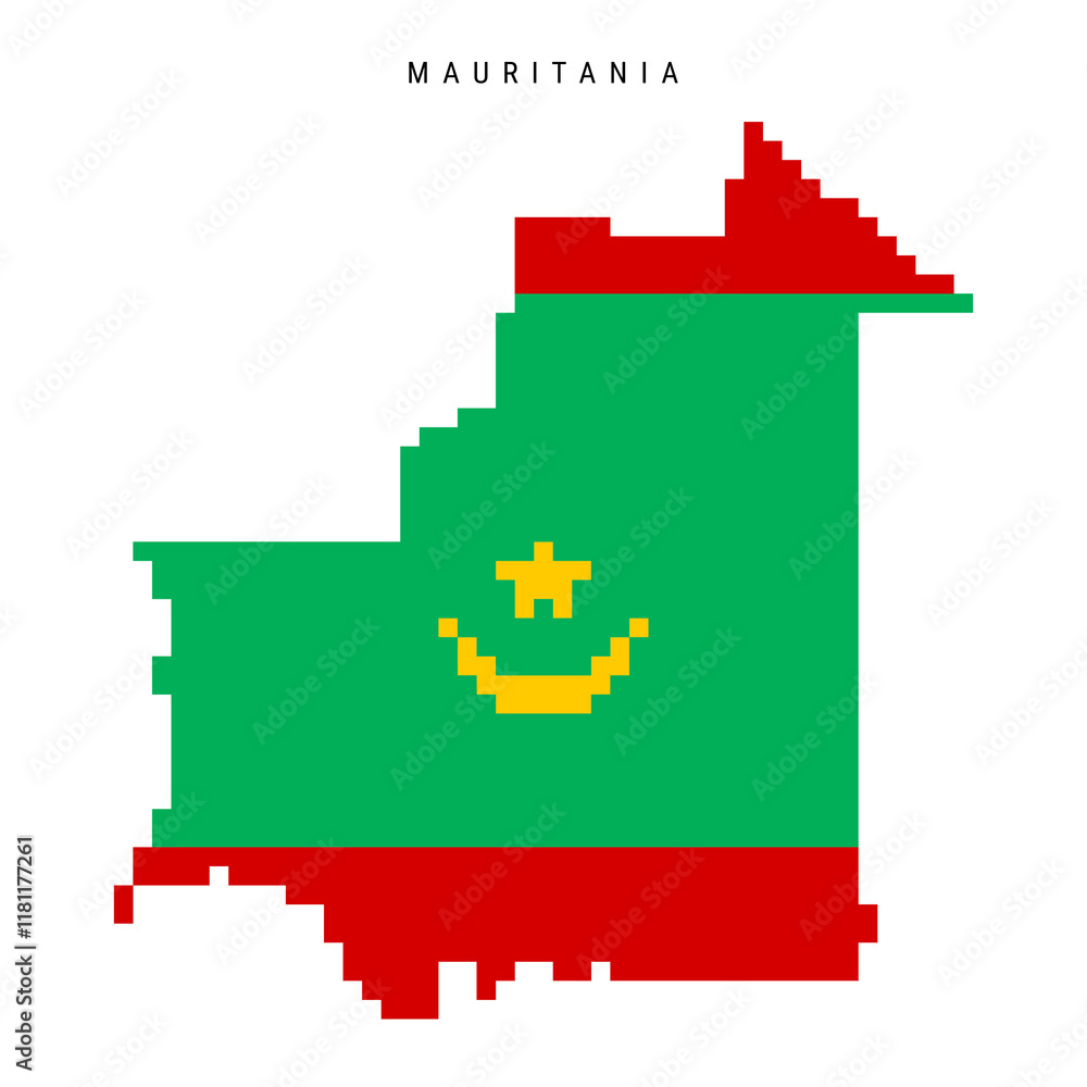 Mauritania pixel flag map icon. 8 bit pixel art Mauritanian map covered with flag. Flat vector ...