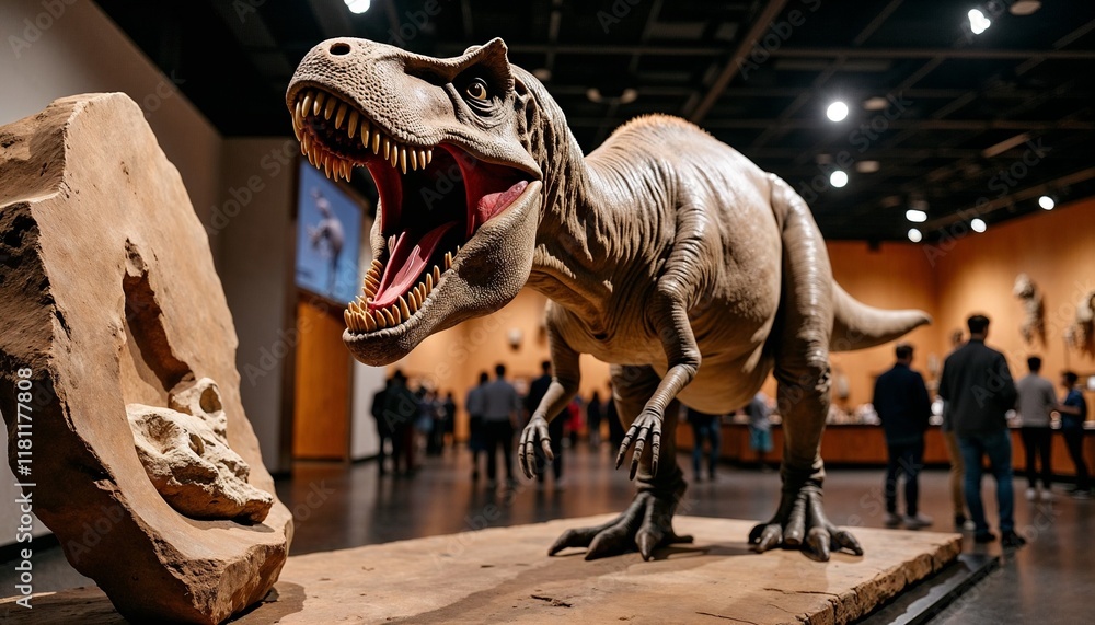 Life-sized roaring T. rex model next to fossil exhibit in dramatic ...