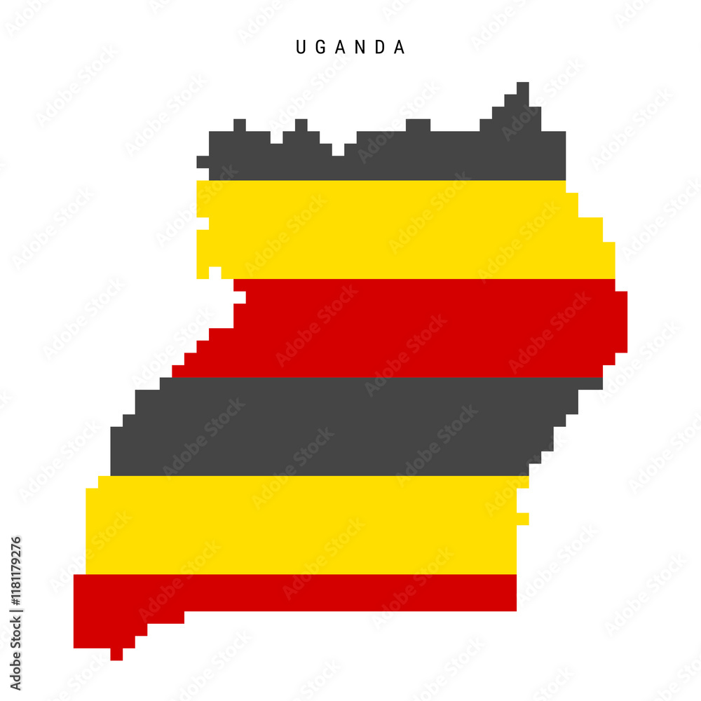 Uganda pixel flag map icon. 8 bit pixel art Ugandan map covered with ...