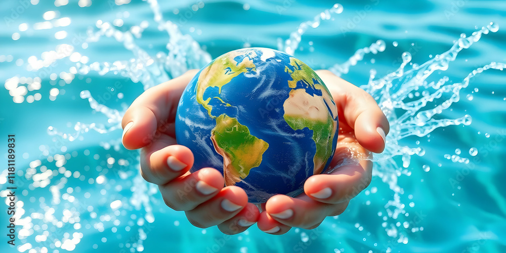 globe, Earth, hands holding, water, splashing, environmental ...