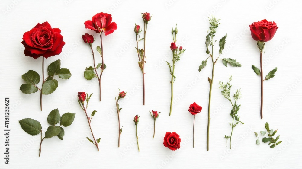Various red rose elements are arranged diagonally on white background ...