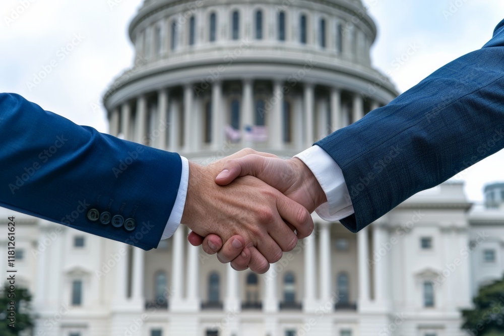 Inauguration Day. Two hands shaking in front of the U.S. Capitol ...