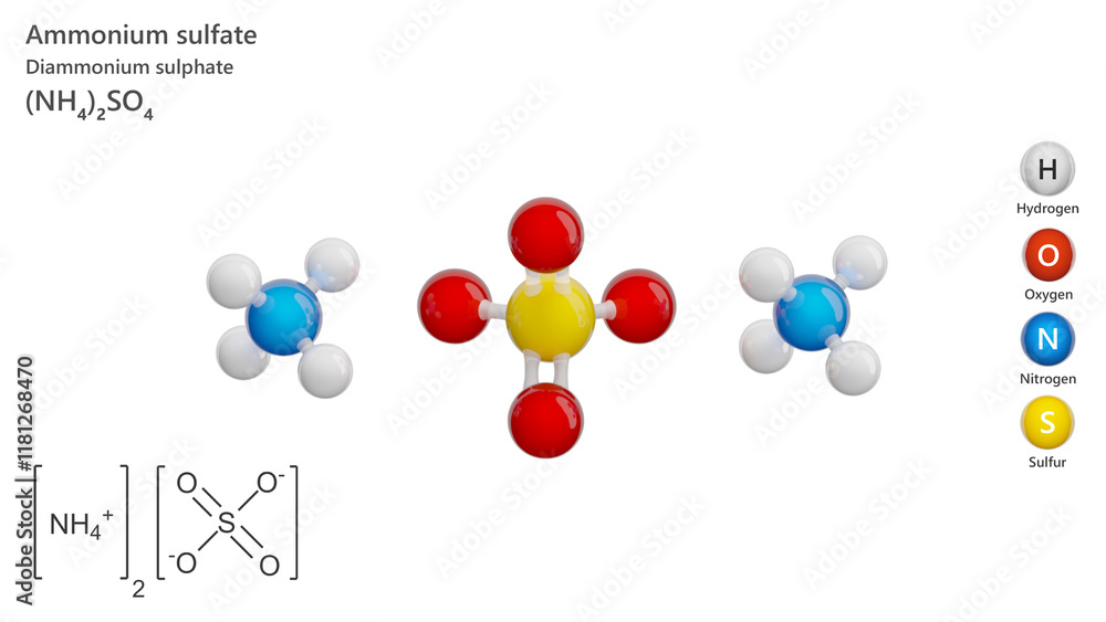 Molecule: Ammonium Sulfate. Fertilizer. Molecular structure. Formula ...