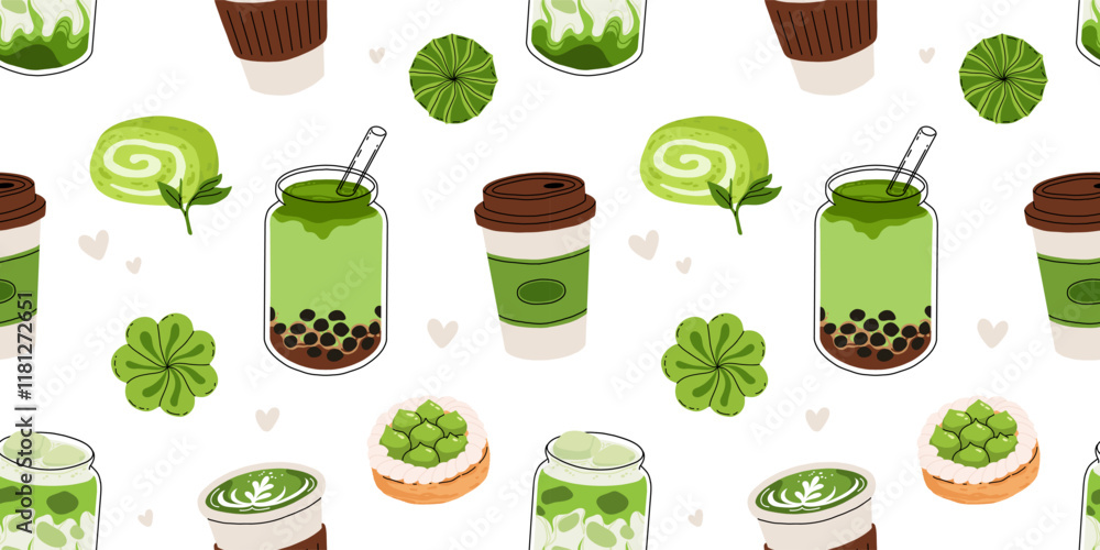 Japanese Matcha Food. Seamless pattern with Matcha Cheesecake and ...