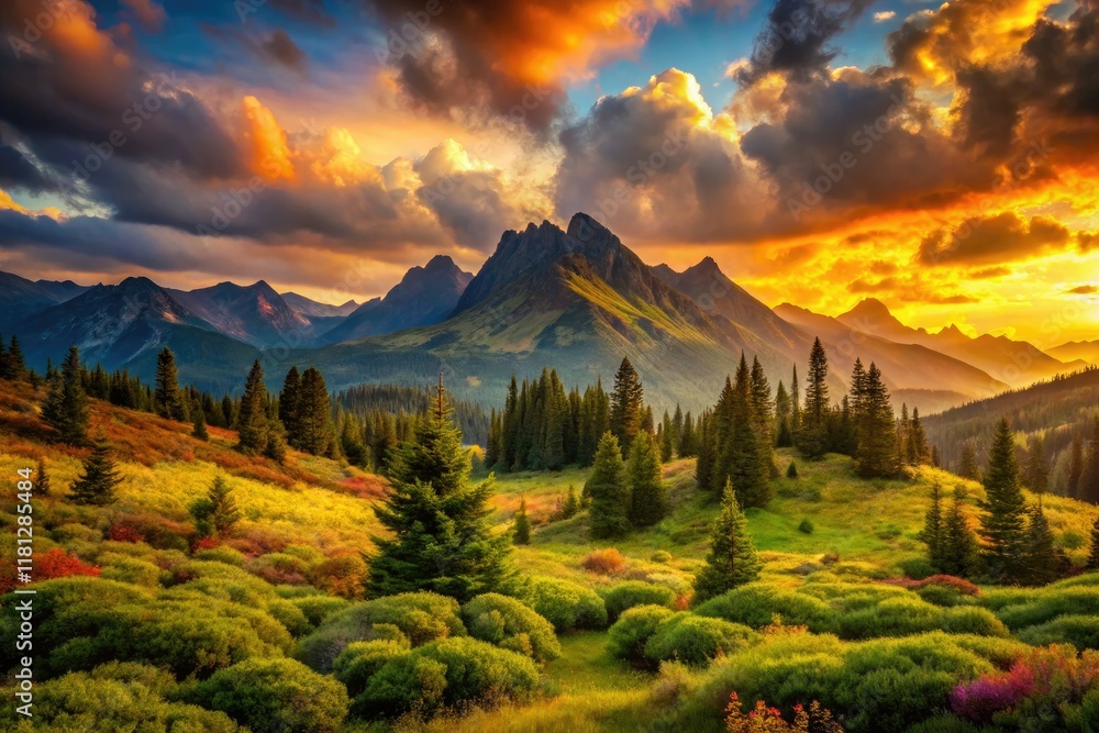 Golden hour casts epic light on majestic mountains, dramatic skies a ...