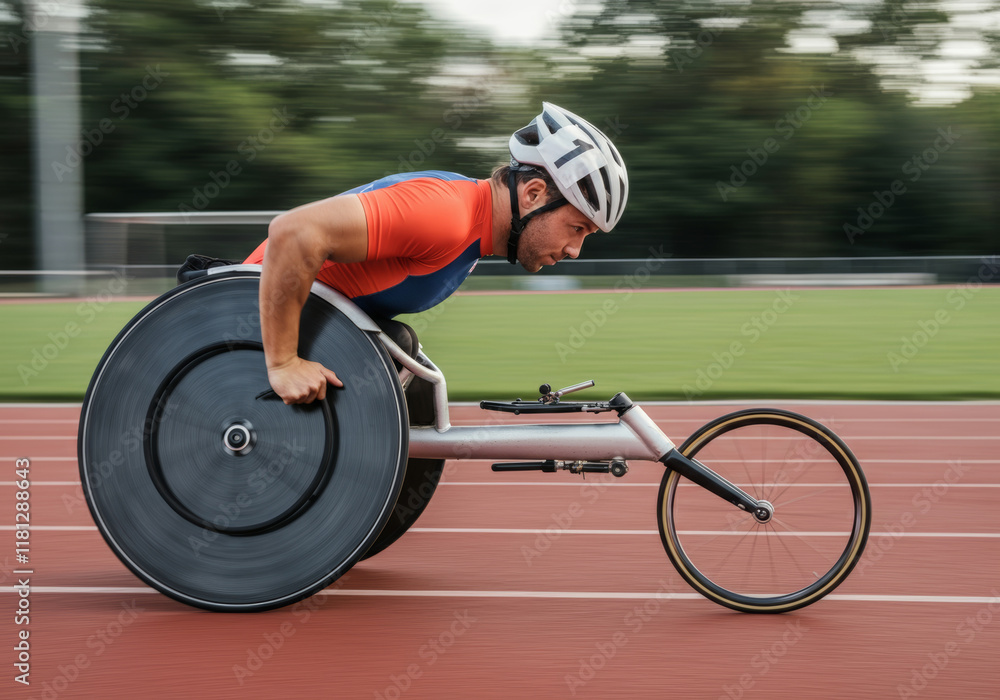 Competitive wheelchair racer on track demonstrates speed and ...