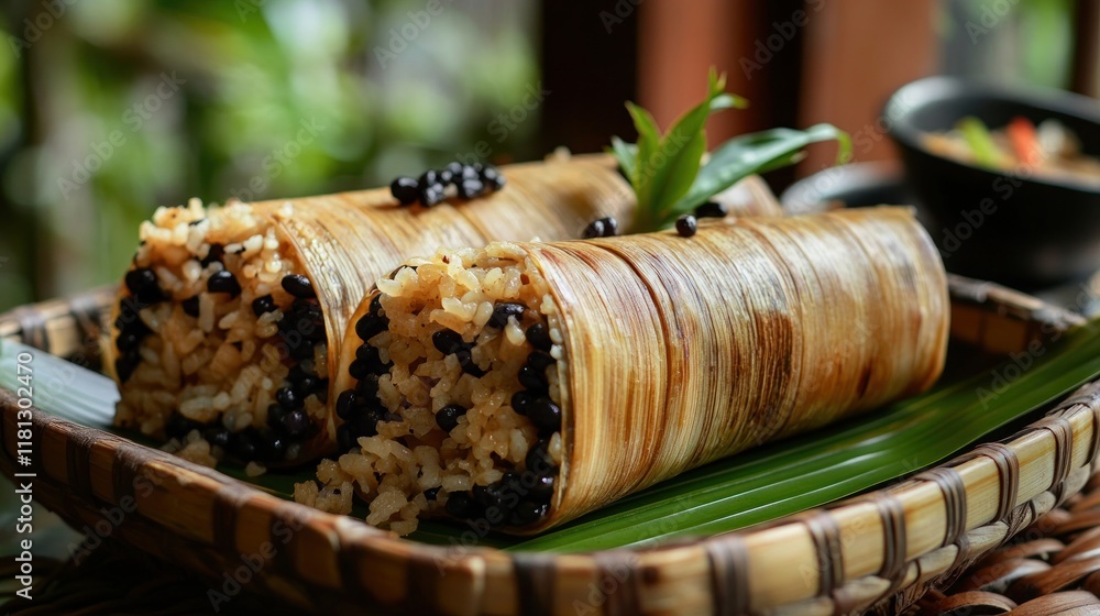 Golden brown khao lam (sticky rice in bamboo) with black beans, sliced ...