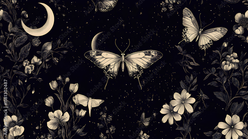 Gothic garden pattern with butterflies, moths, flowers, crescent moon ...