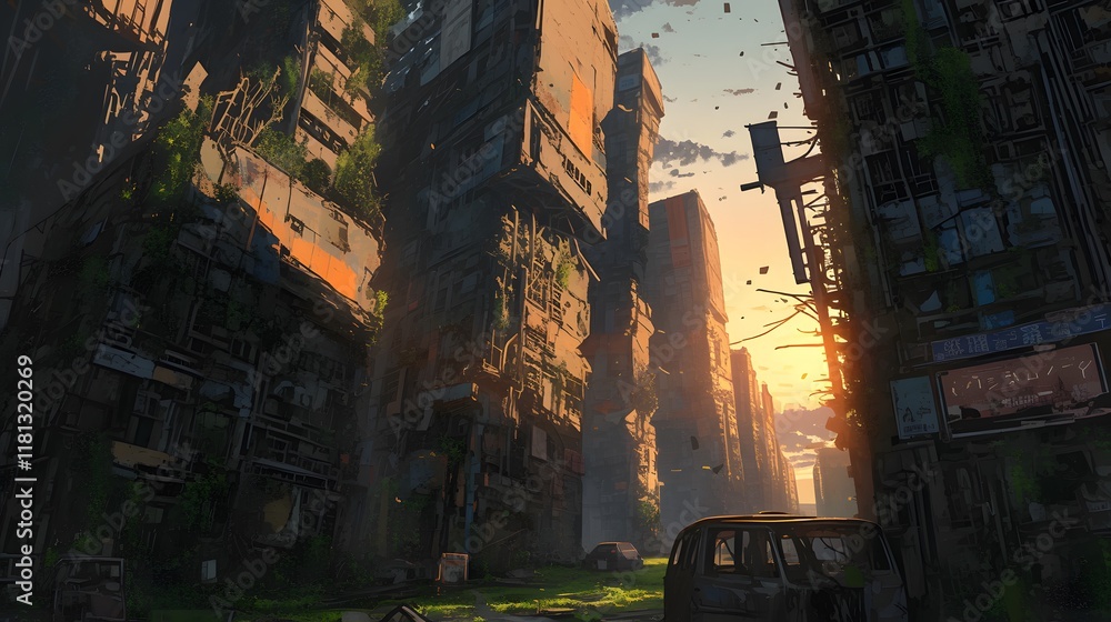 Overgrown and abandoned city street at sunset, depicting a dystopian ...