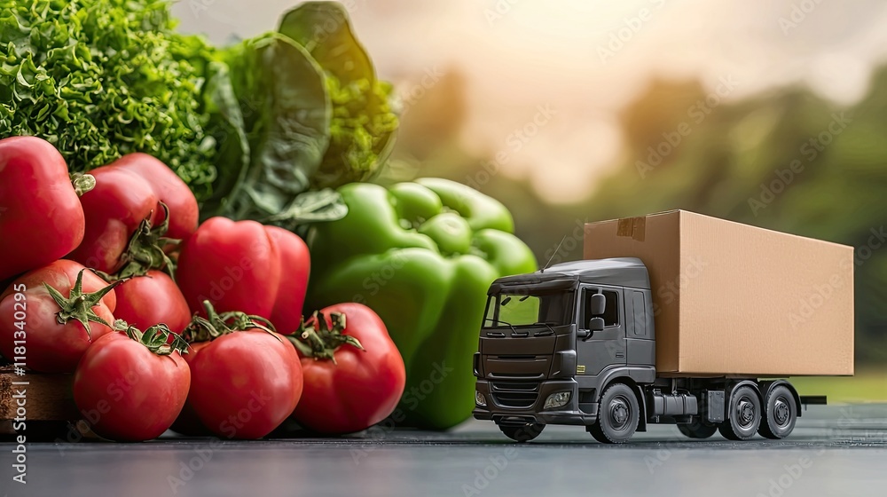 A miniature truck next to fresh vegetables, symbolizing food delivery ...