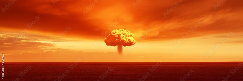 Mushroom cloud rising over ocean at sunset from nuclear explosion, creating dramatic and ...