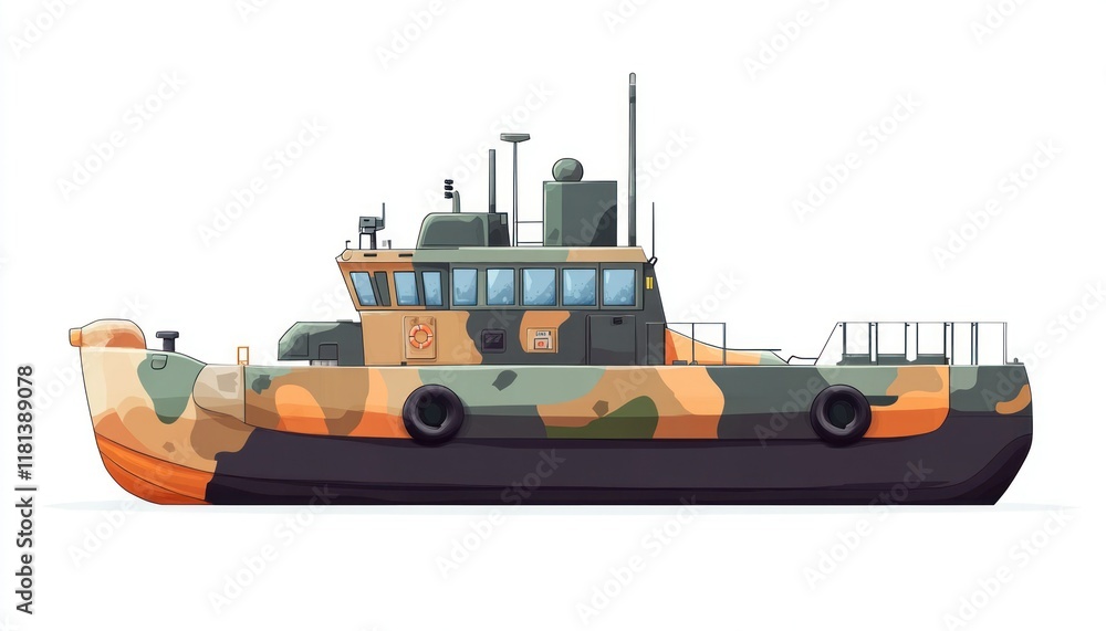 Cartoon illustration of a camouflaged patrol boat with a detailed cabin ...