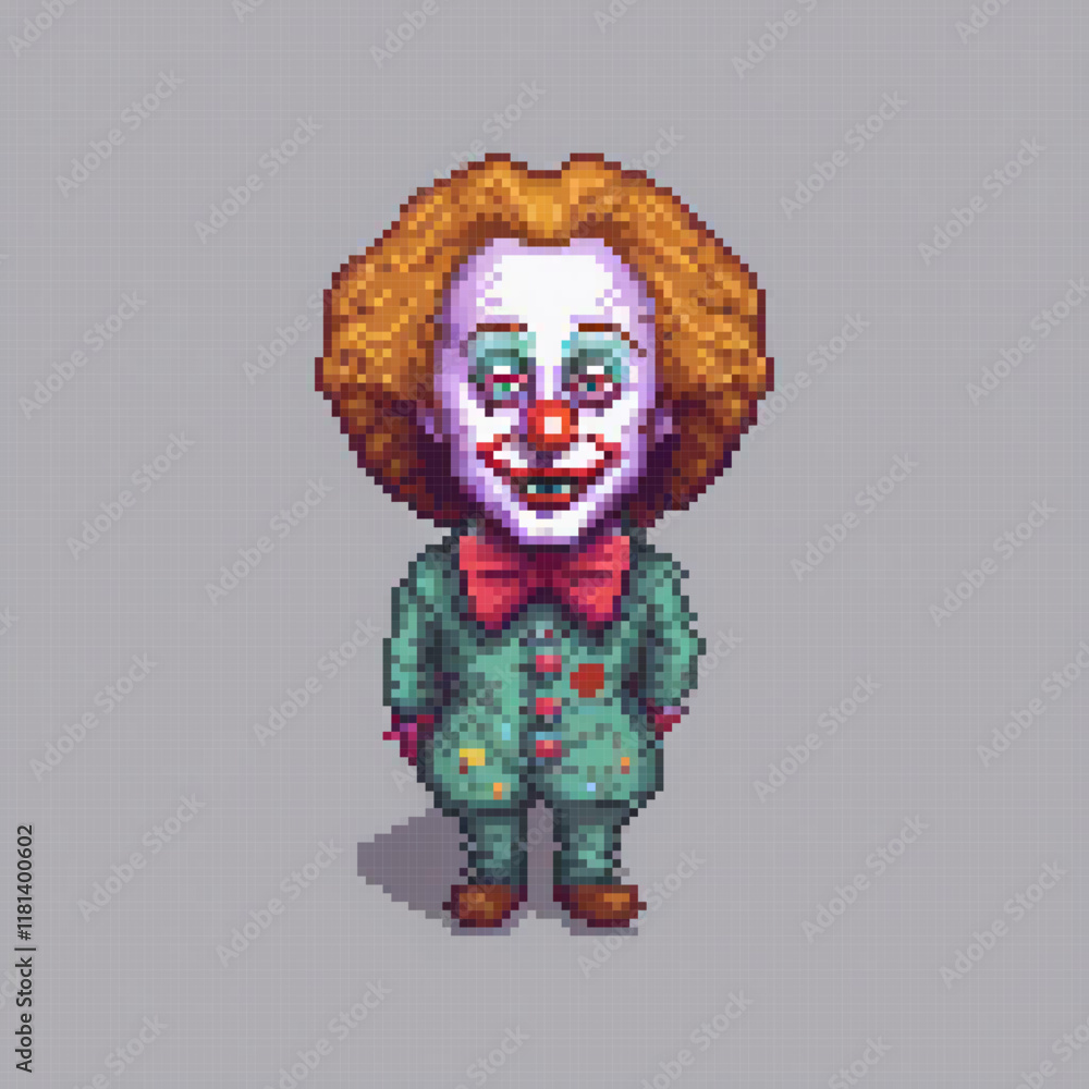 Cute pixel art clown with vibrant red hair and a green suit. Stock ...