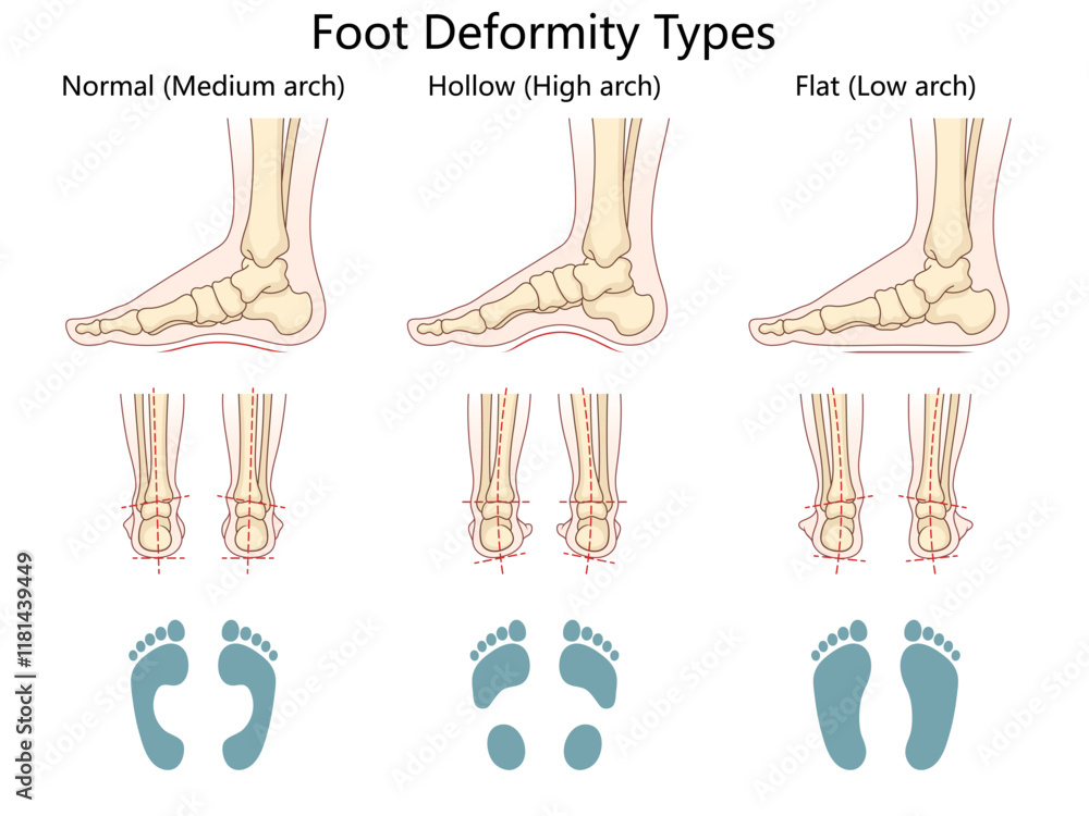 Vector de Stock foot deformity types, normal arch, hollow high arch ...